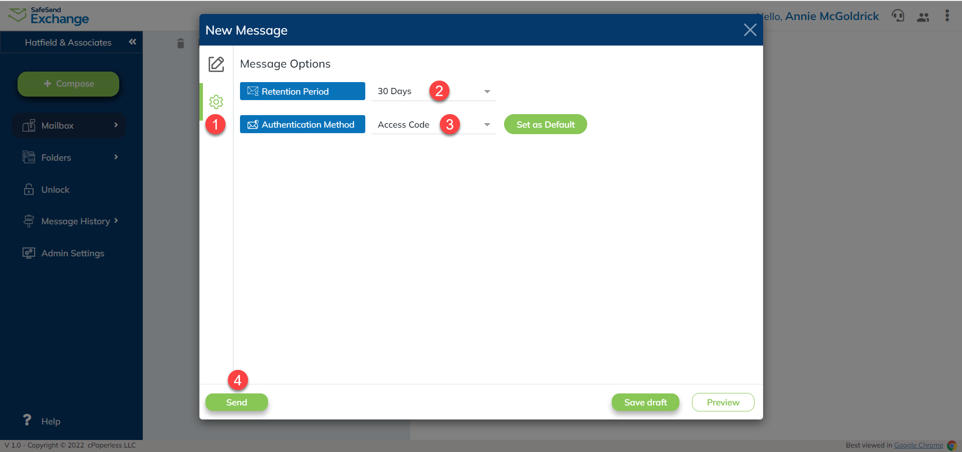 Setting Retention and Authentication Methods – SafeSend