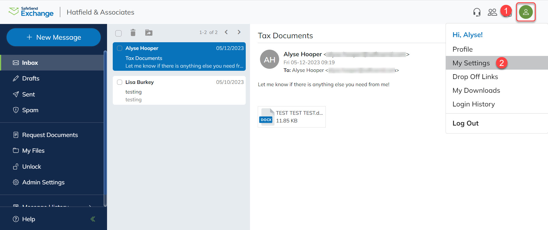My Settings – SafeSend